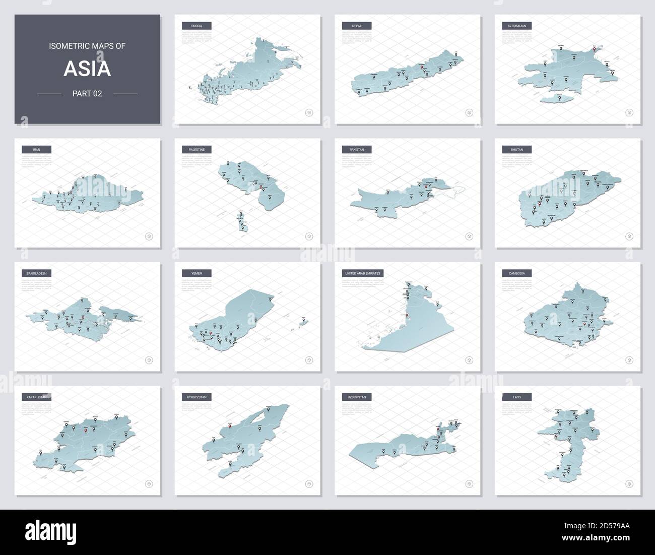 Vector isometric maps set - Asia continent. Maps of Asian countries ...