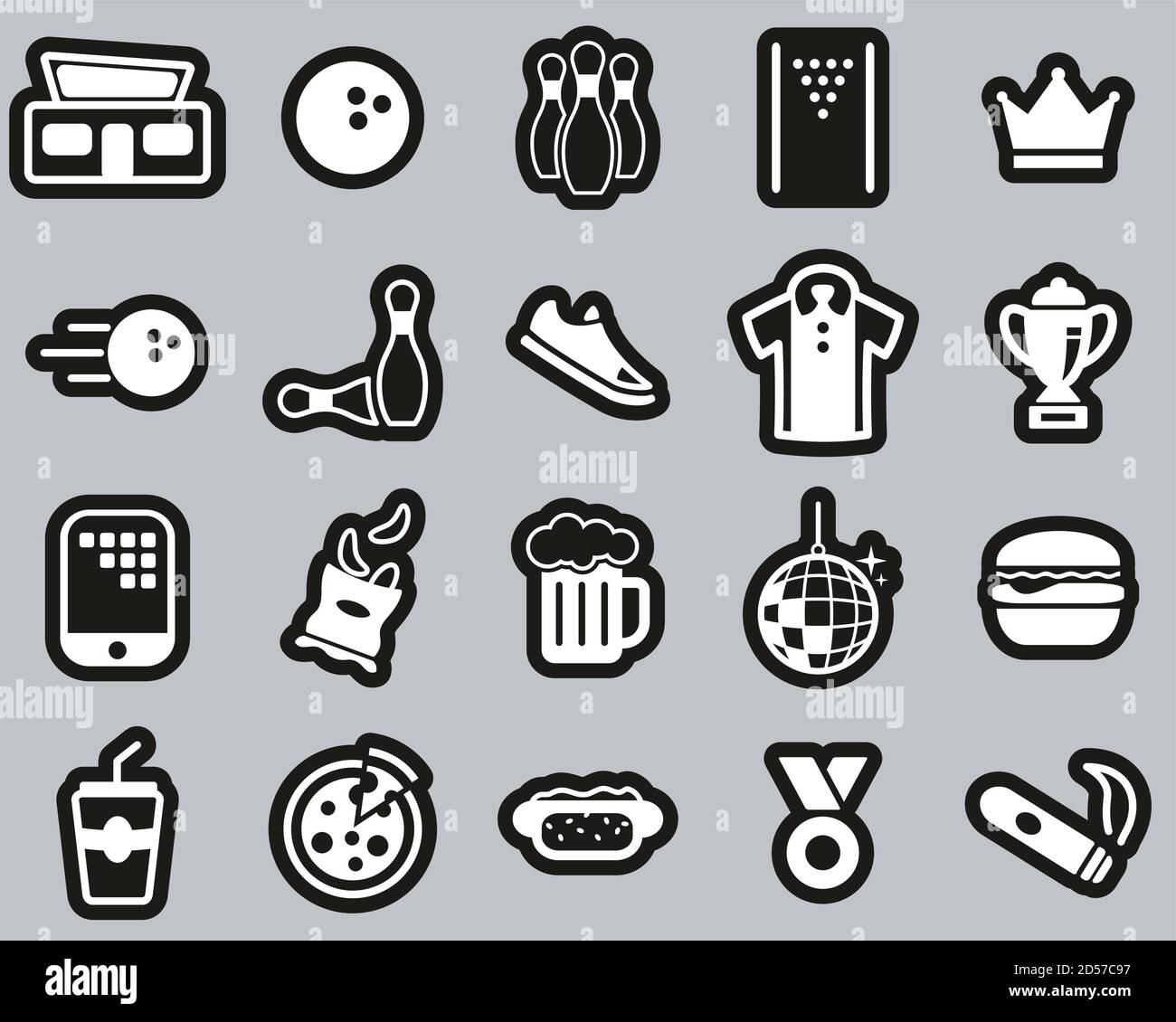 Bowling Or Bowling Alley Icons White On Black Sticker Set Big Stock ...