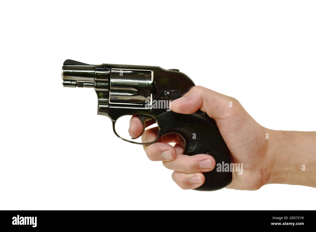 hand holding revolver gun and finger on trigger prepare to shoot in ...