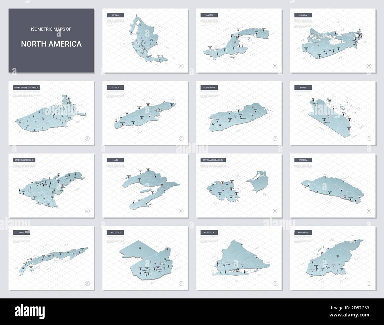 Vector isometric maps set - America continent. Maps of North American ...