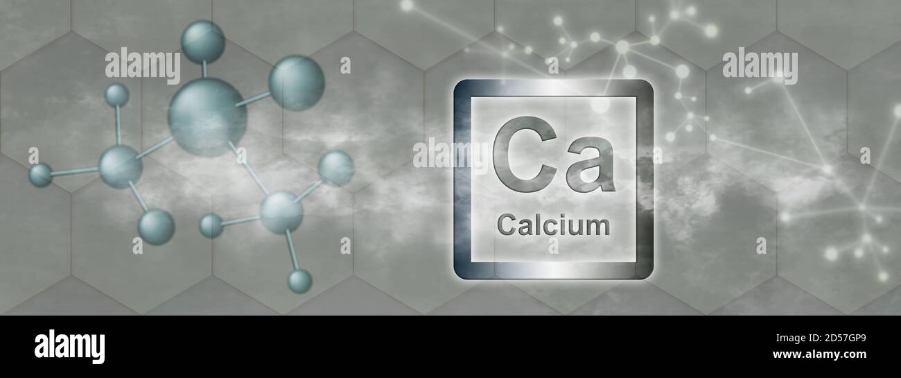 Ca symbol. Calcium chemical element with molecule and network on grey ...