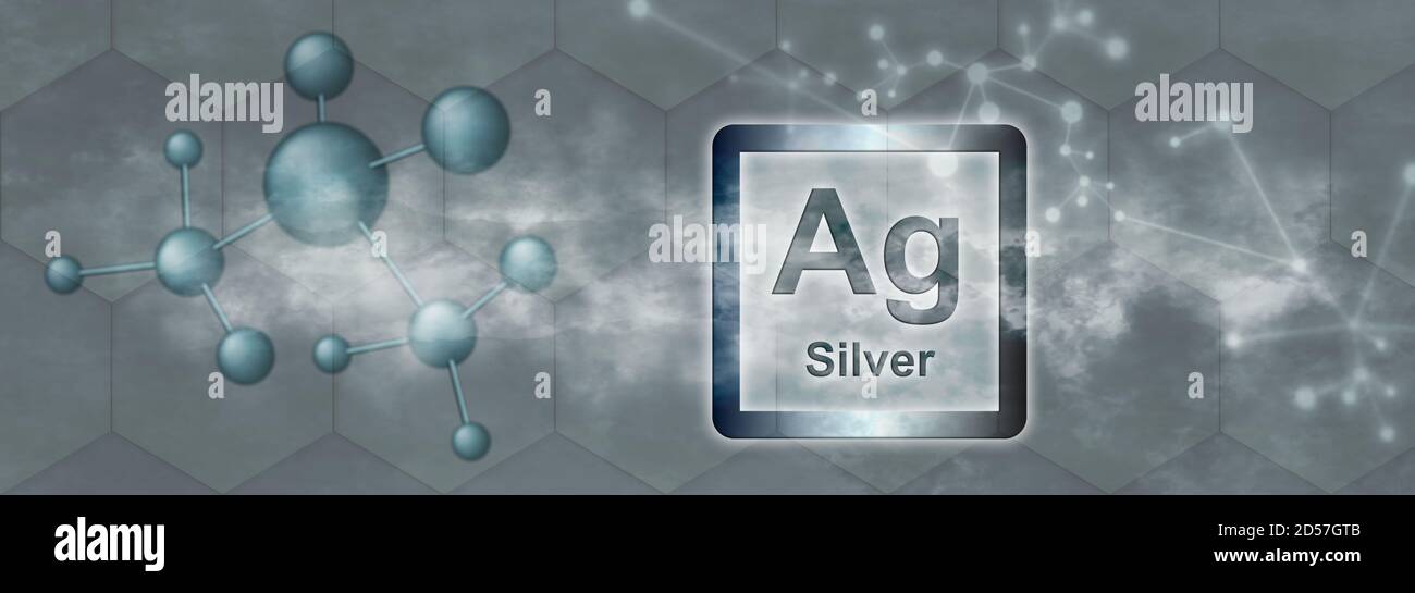 Ag symbol. Silver chemical element with molecule and network on grey ...