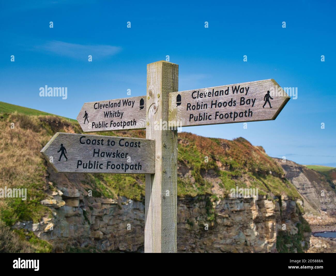 A wooden signpost near Robin Hood's Bay marks the junction of the ...