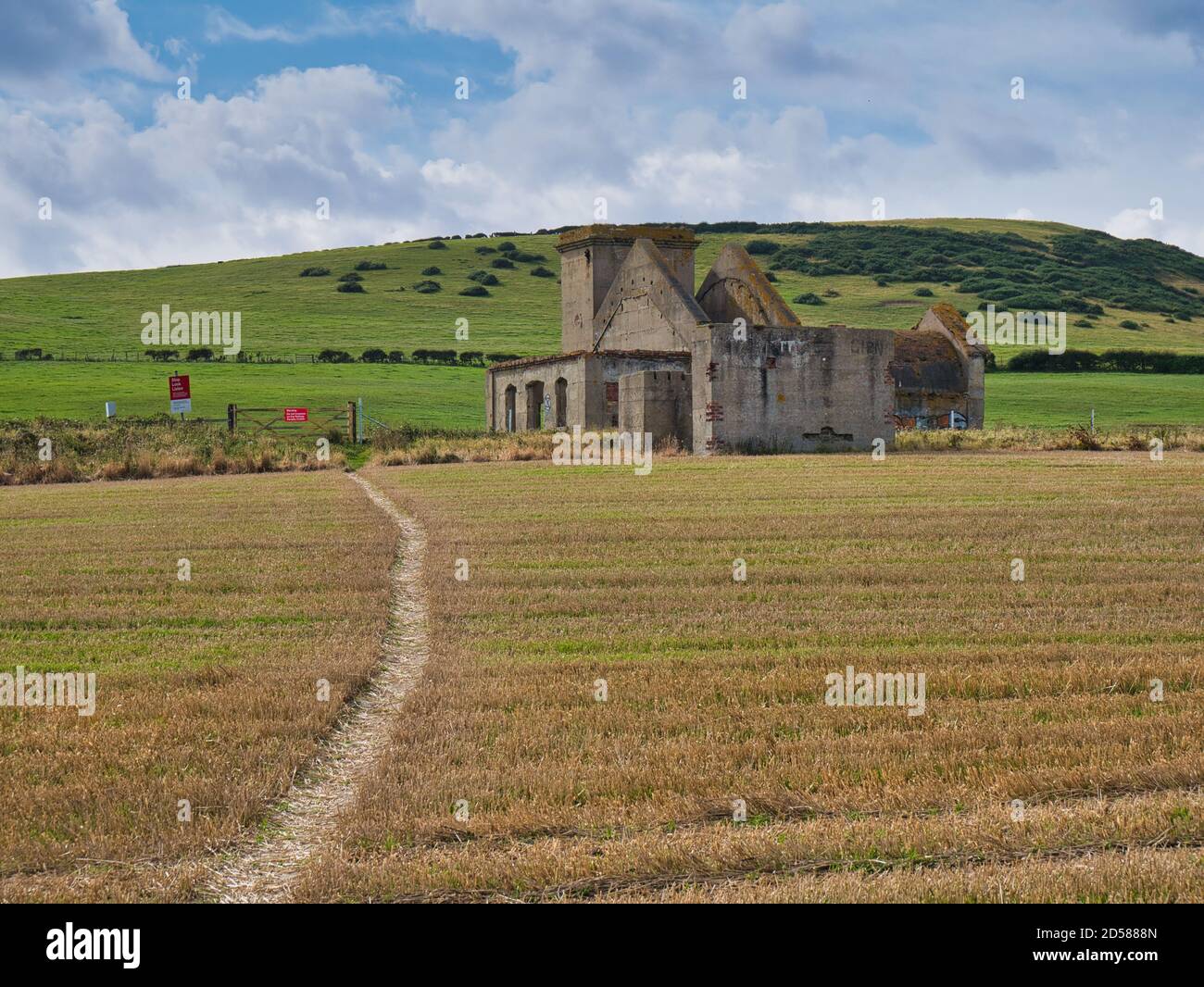 A path across a field of stubble to the Grade 2 listed Guibal fanhouse ...