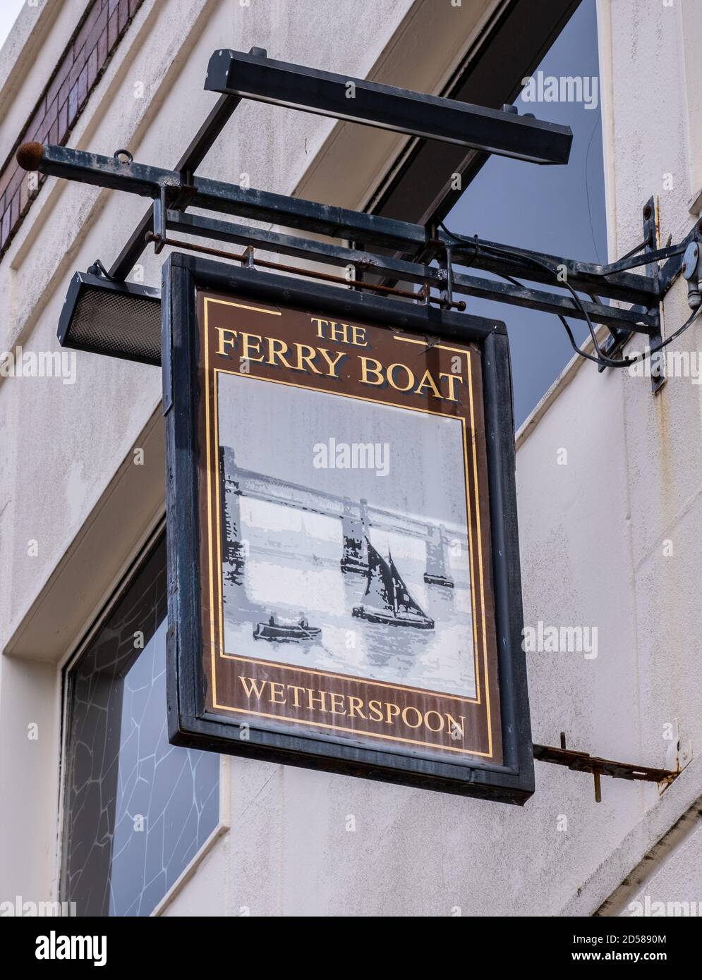 Hanging sign for The Ferry Boat public house Runcorn Cheshire July 2020 ...