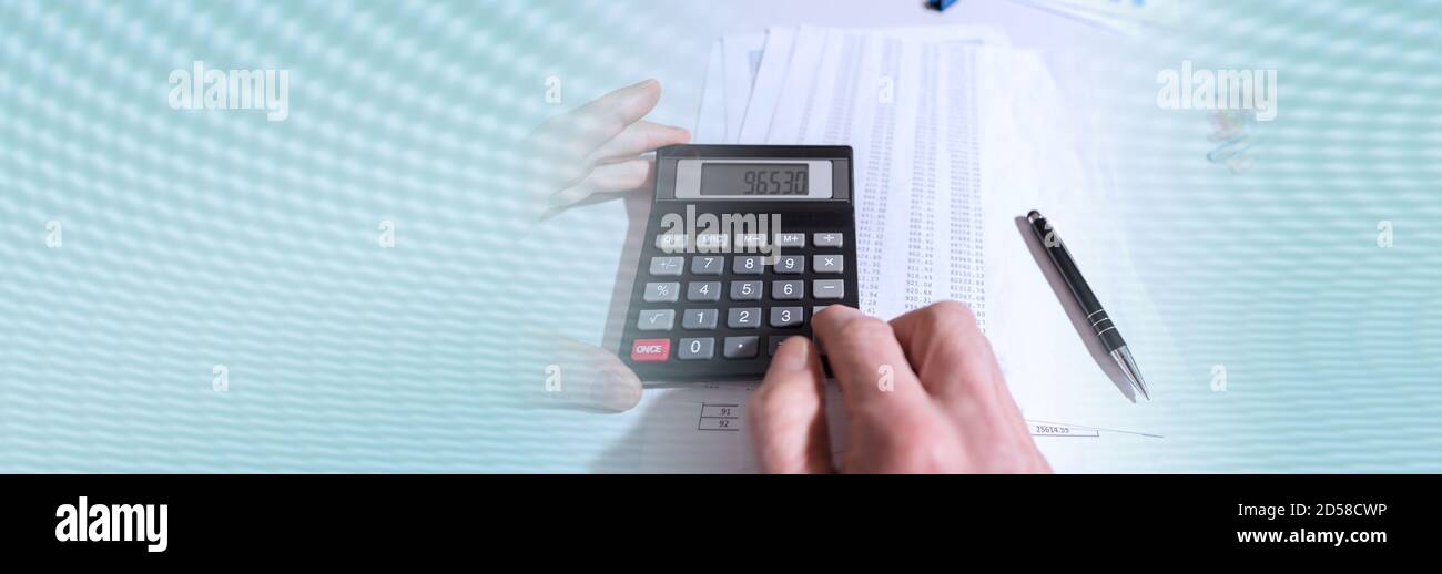 Male hand using calculator, accounting concept. panoramic banner Stock ...