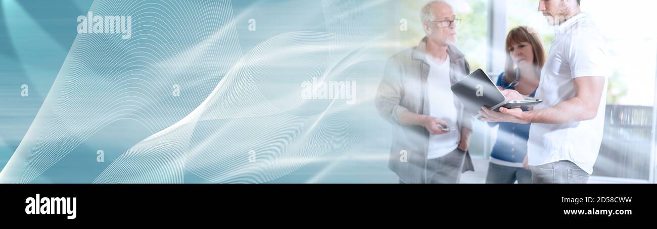 Coworkers having a business discussion in office, panoramic banner ...