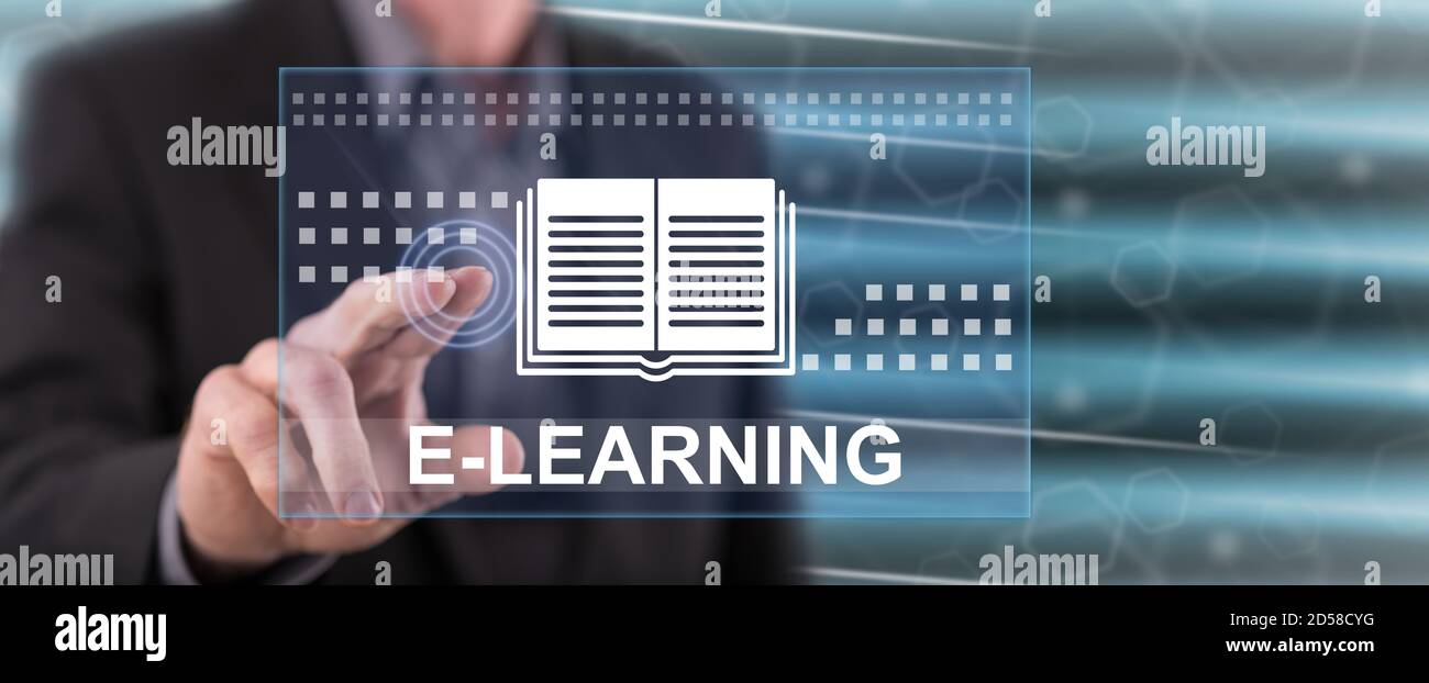 Man touching an e-learning concept on a touch screen with his finger ...