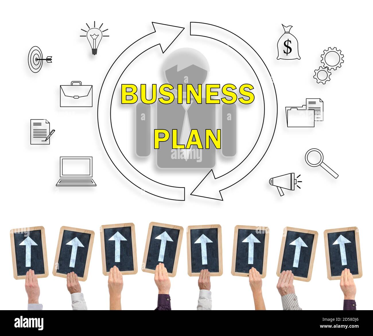 Hands holding writing slates with arrows pointing on business plan ...