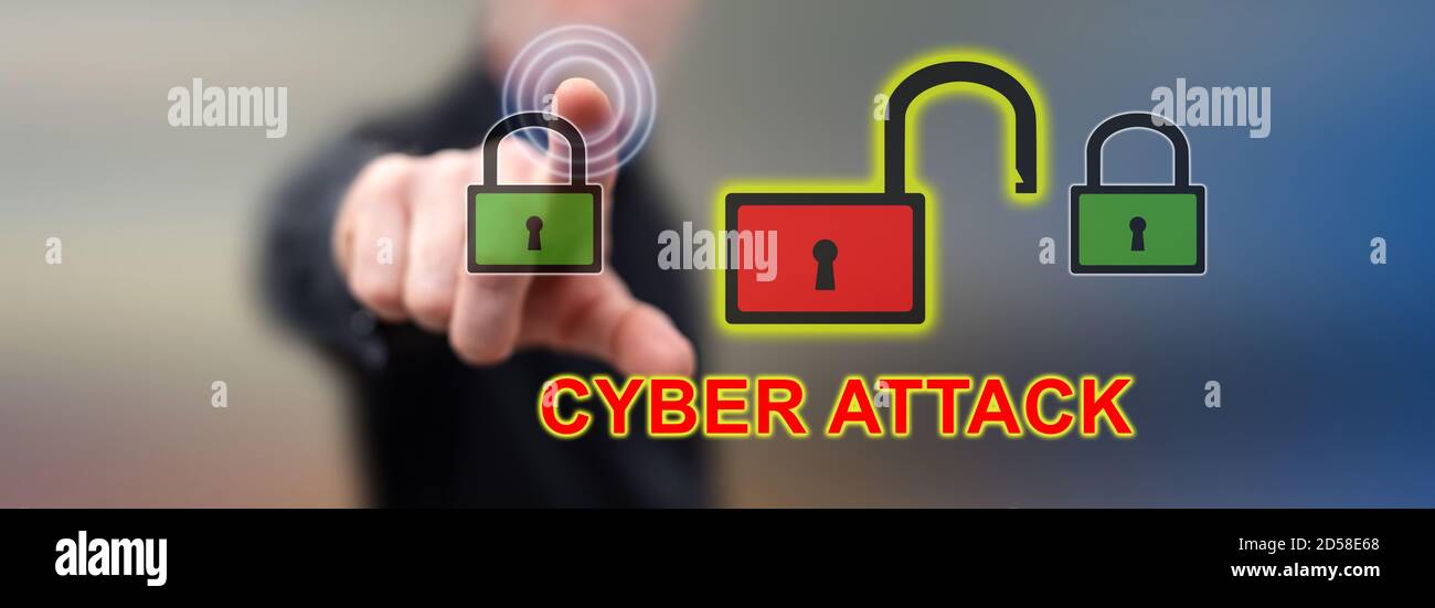 Man touching a cyber attack concept on a touch screen with his finger ...
