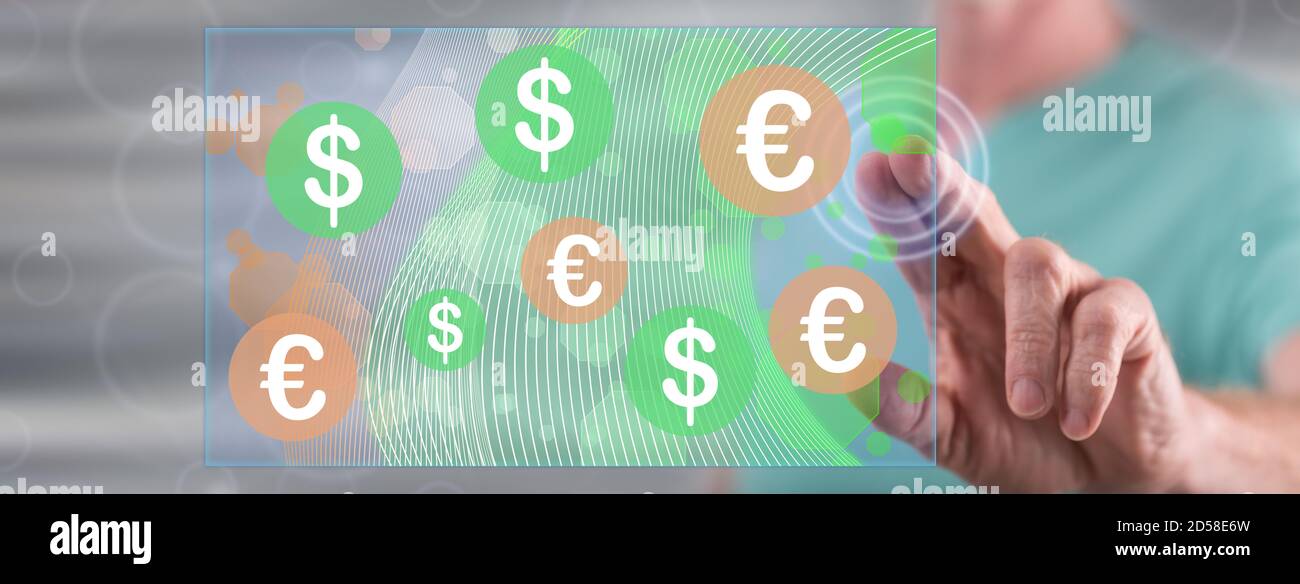 Man touching a currency exchange concept on a touch screen with his ...