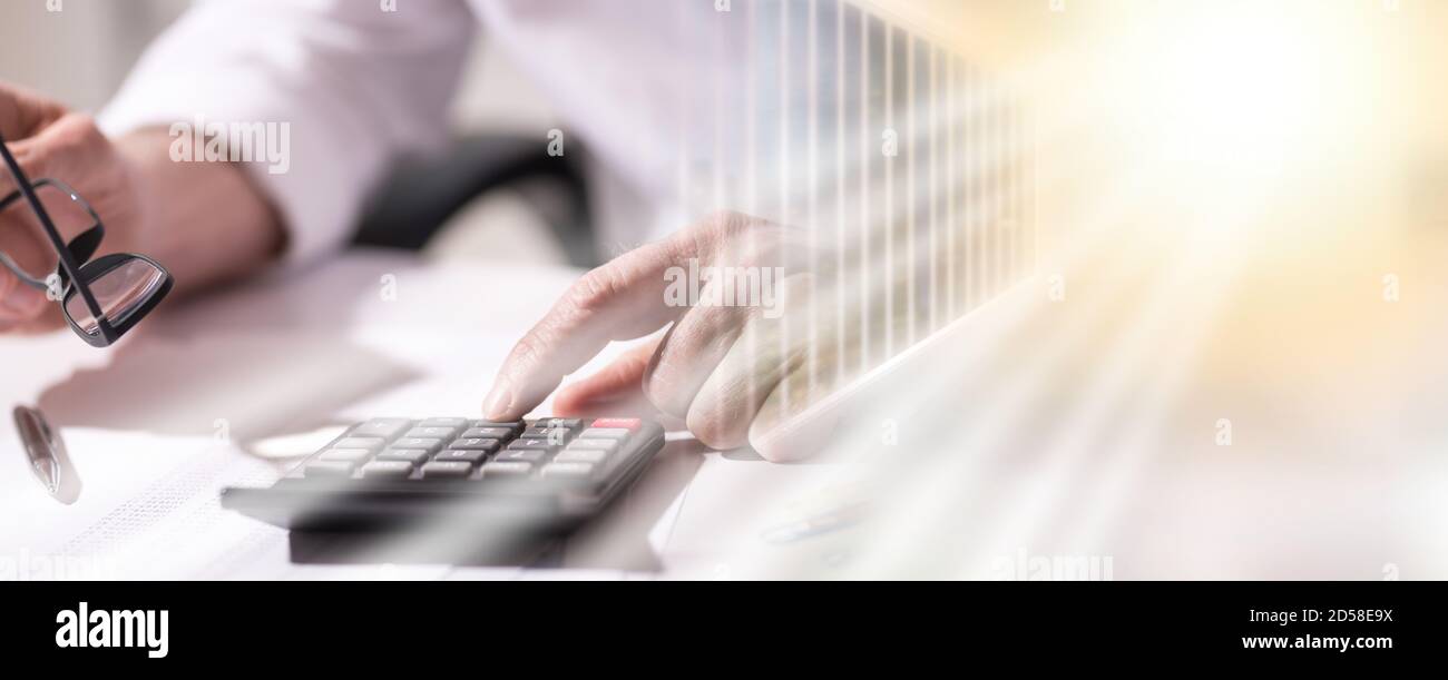 Male hand using calculator, accounting concept; multiple exposure Stock ...