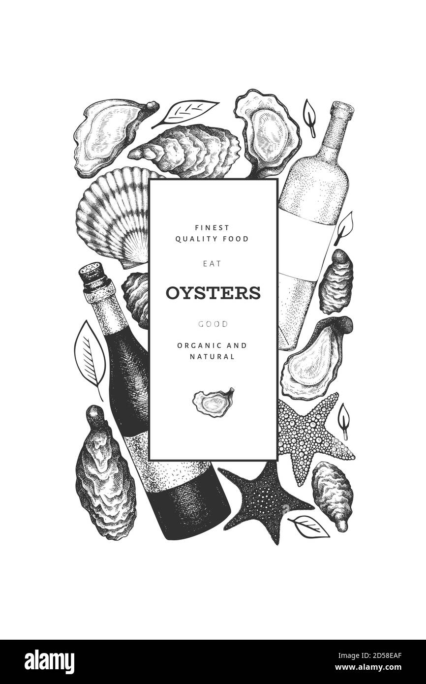 Oysters design template. Hand drawn vector illustration. Seafood banner ...