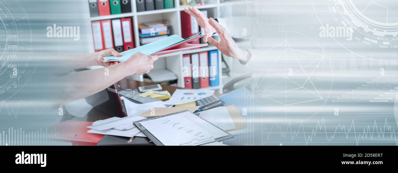 Overworked businessman refusing work; panoramic banner Stock Photo - Alamy