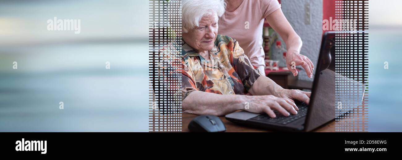 Old woman learning to use a laptop. panoramic banner Stock Photo - Alamy