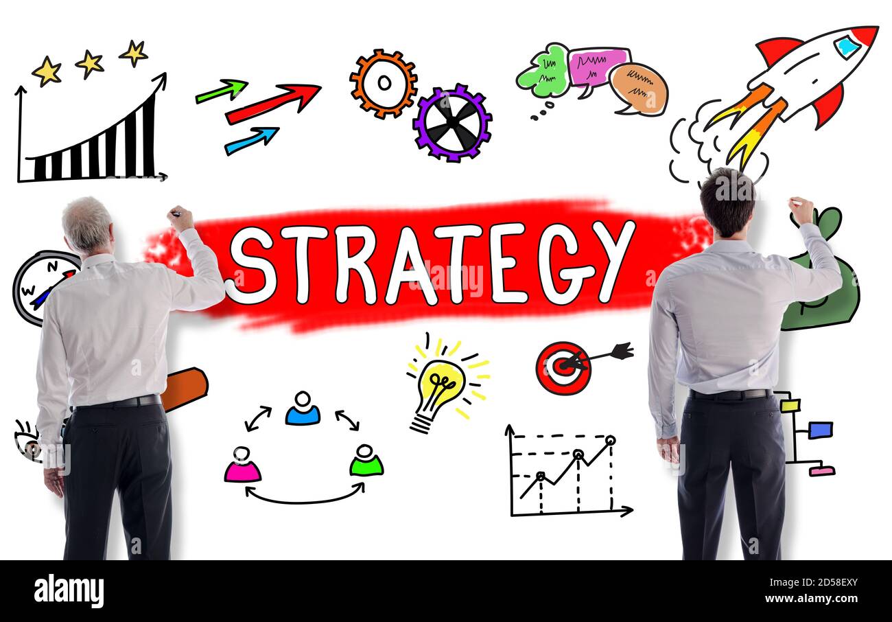 Business strategy concept drawn on a white wall by businessmen Stock ...