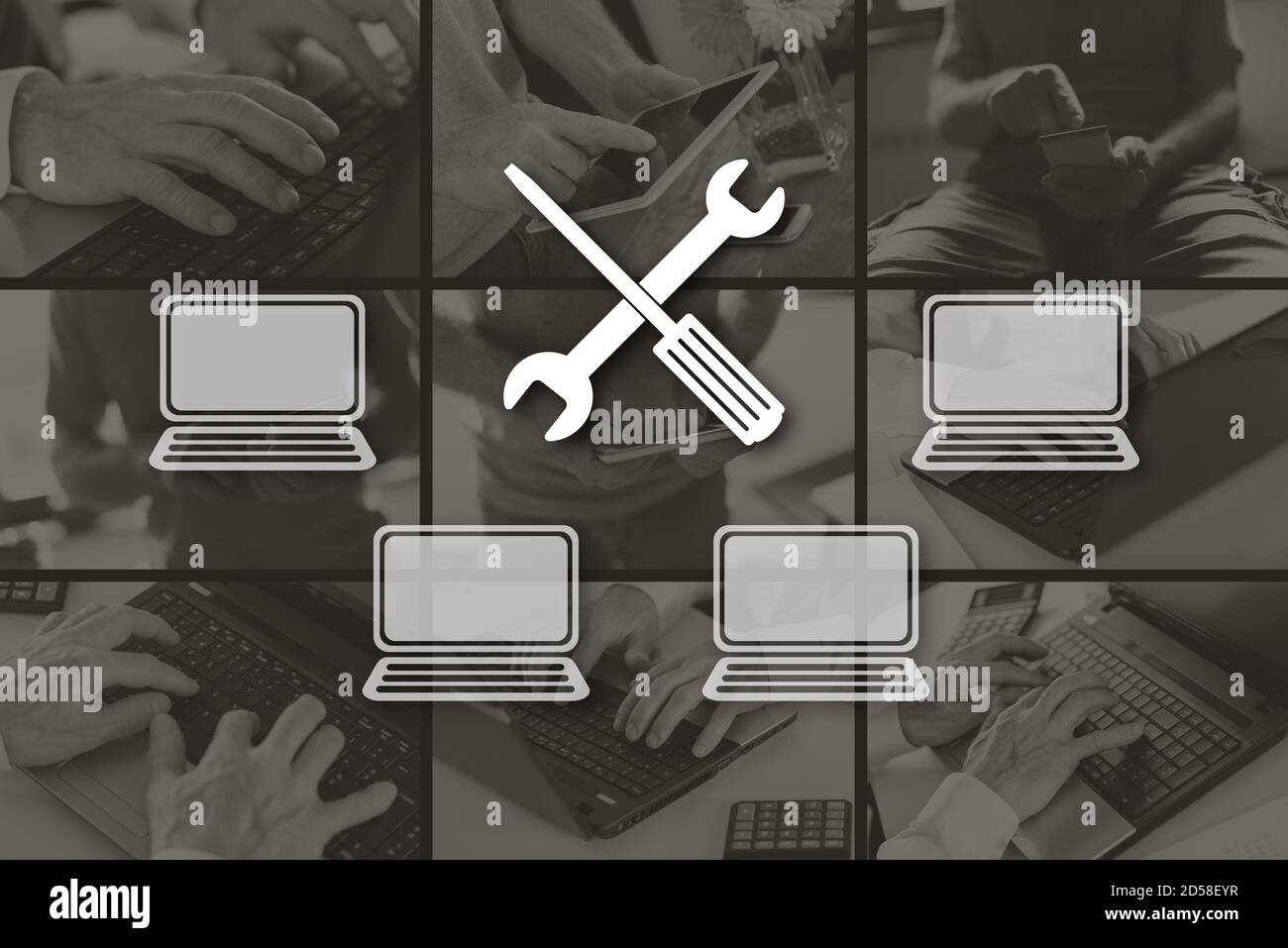 Maintenance service concept illustrated by pictures on background Stock ...