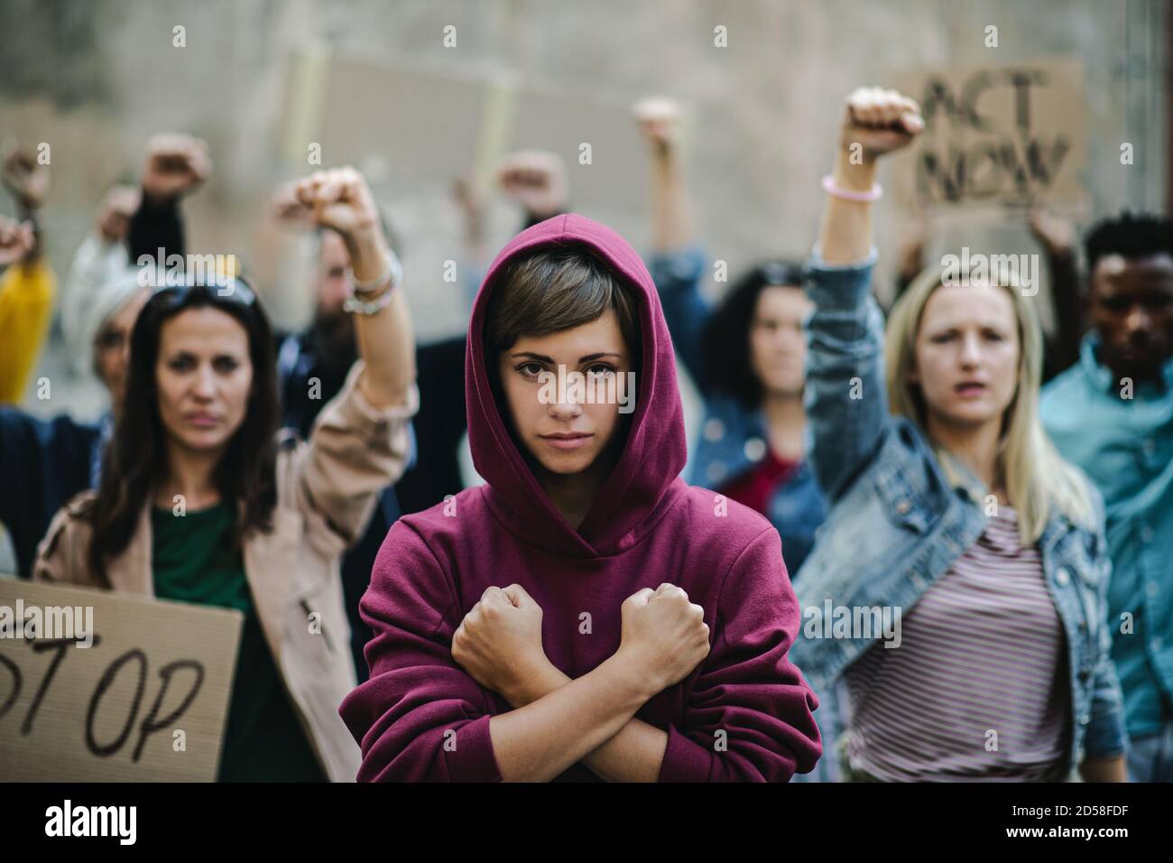 Group of people activists protesting on streets, women march and ...