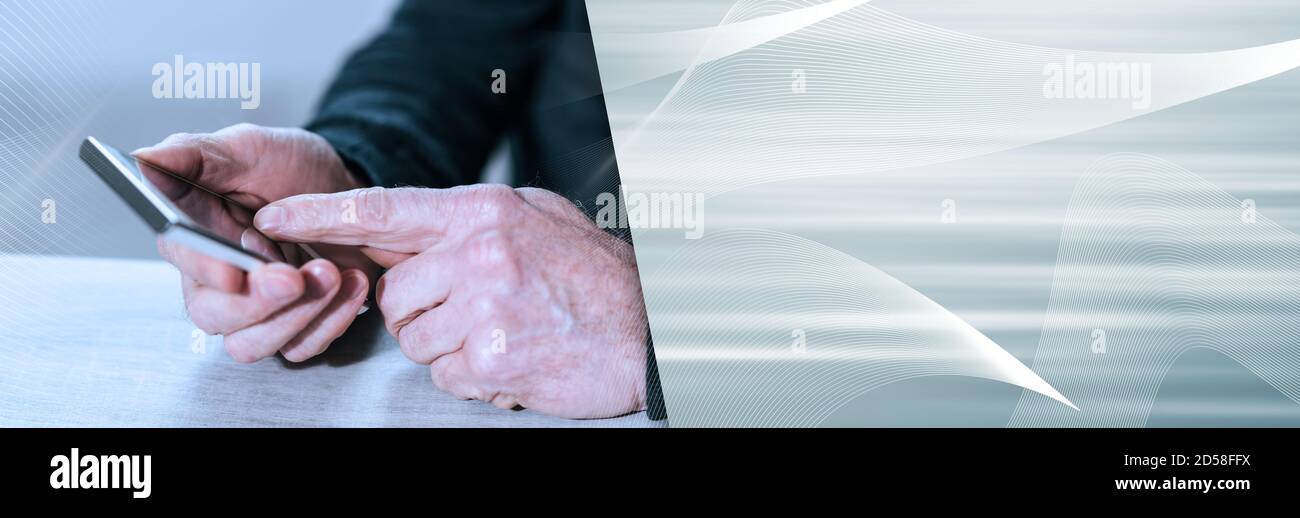 Male hands using his mobile phone. panoramic banner Stock Photo - Alamy