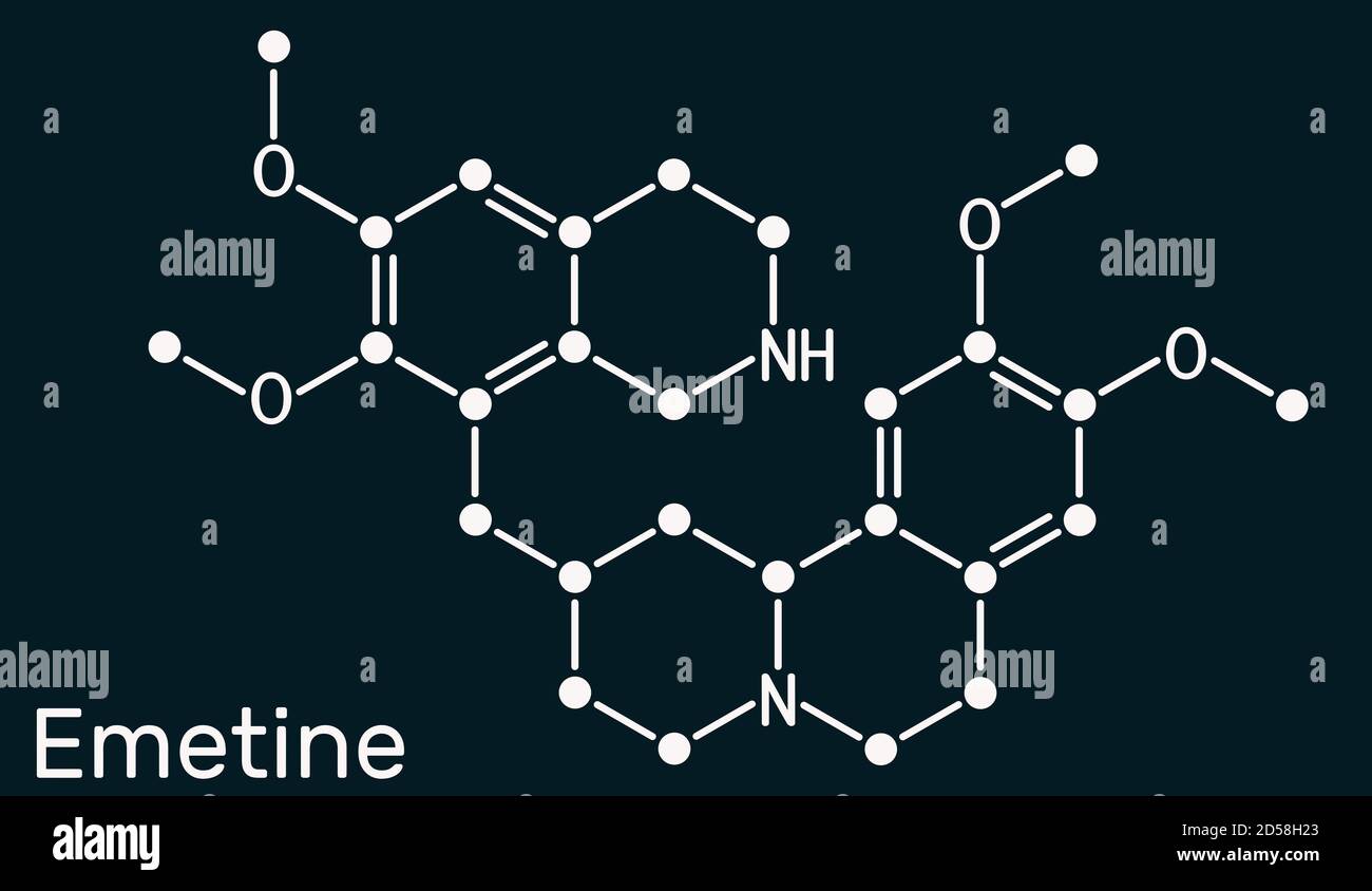 Emetine molecule. It is an antiprotozoal agent and emetic. Skeletal ...