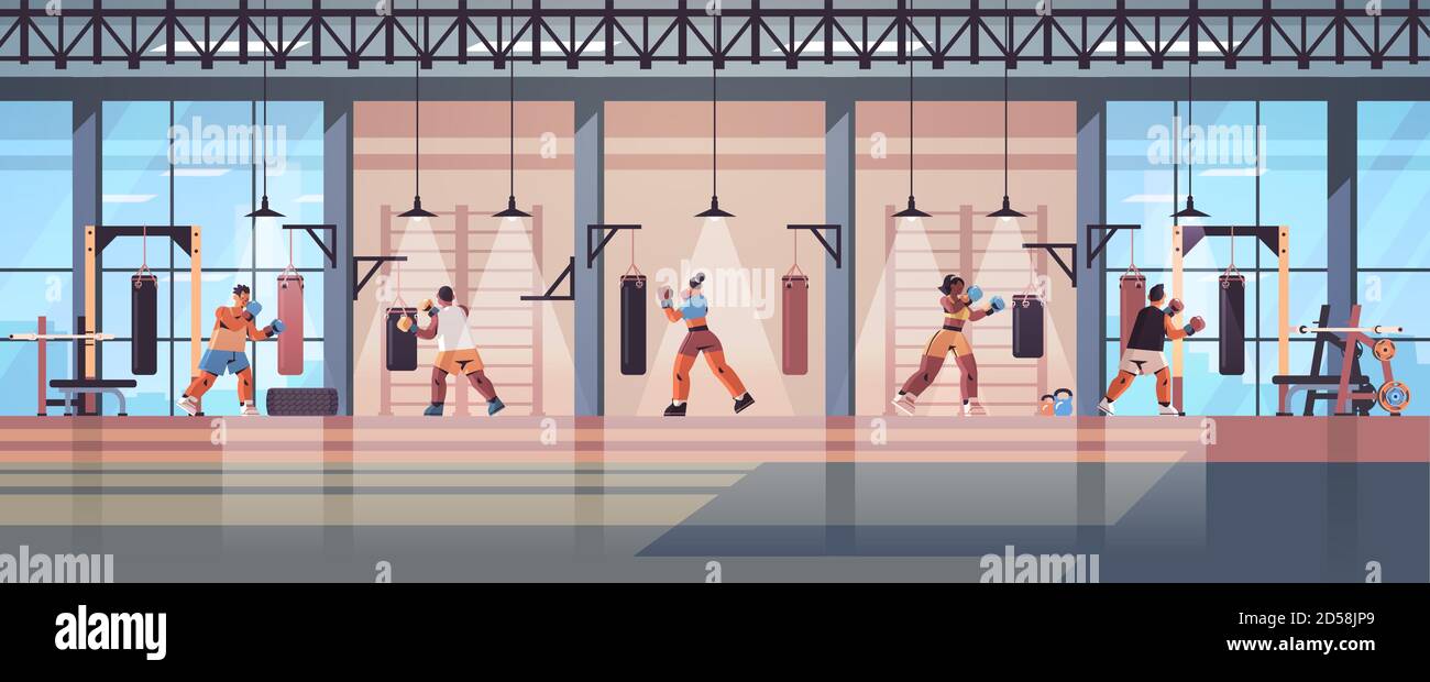 mix race boxers doing exercises with punching bag training healthy ...
