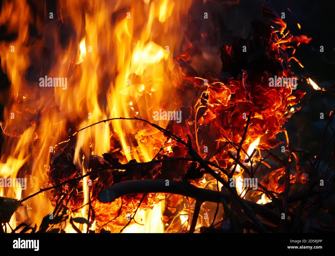 Bright flame of a burning fire above the brazier outdoors Stock Photo ...