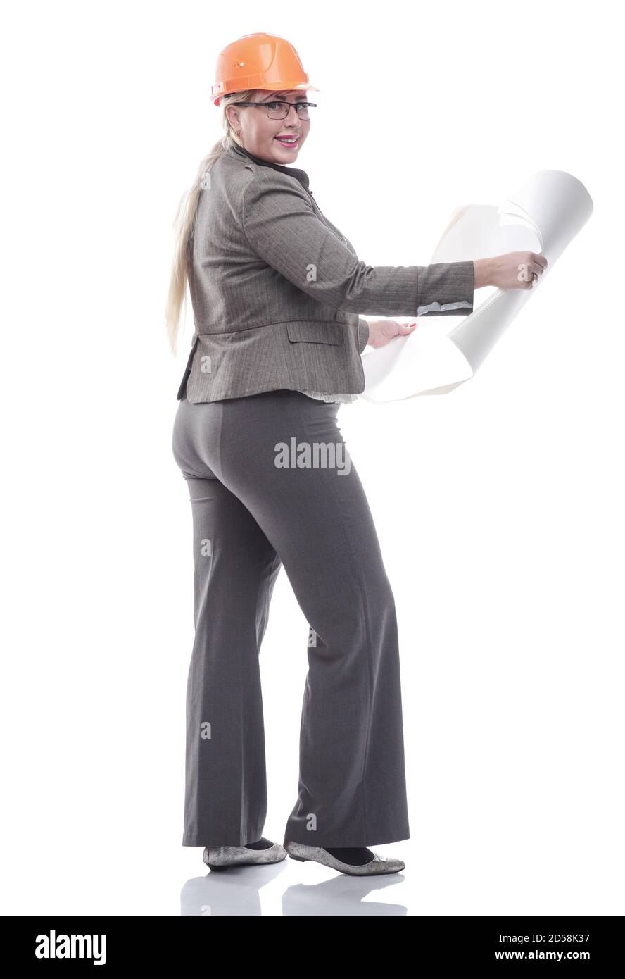 female architect reading a new drawing. isolated on a white Stock Photo ...