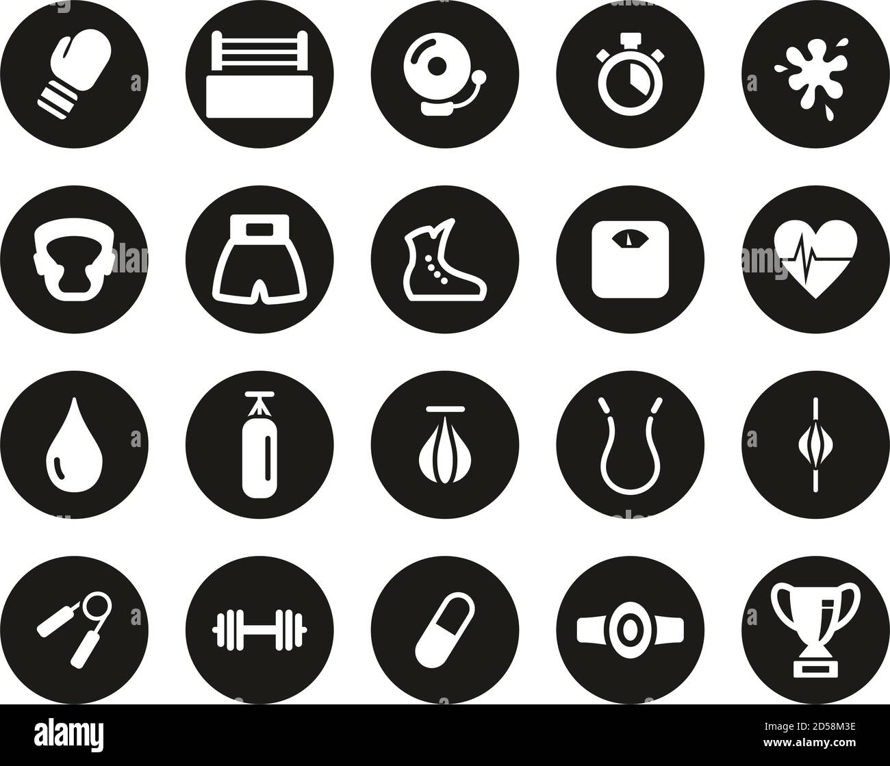 Boxing Sport & Equipment Icons White On Black Flat Design Circle Set ...