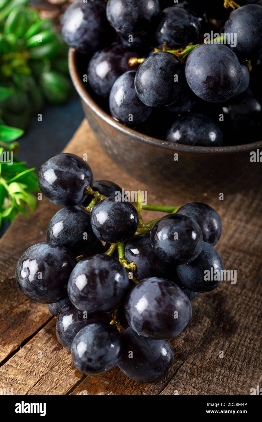 Fresh black grapes and leaves on a rustic timber on dark stone ...