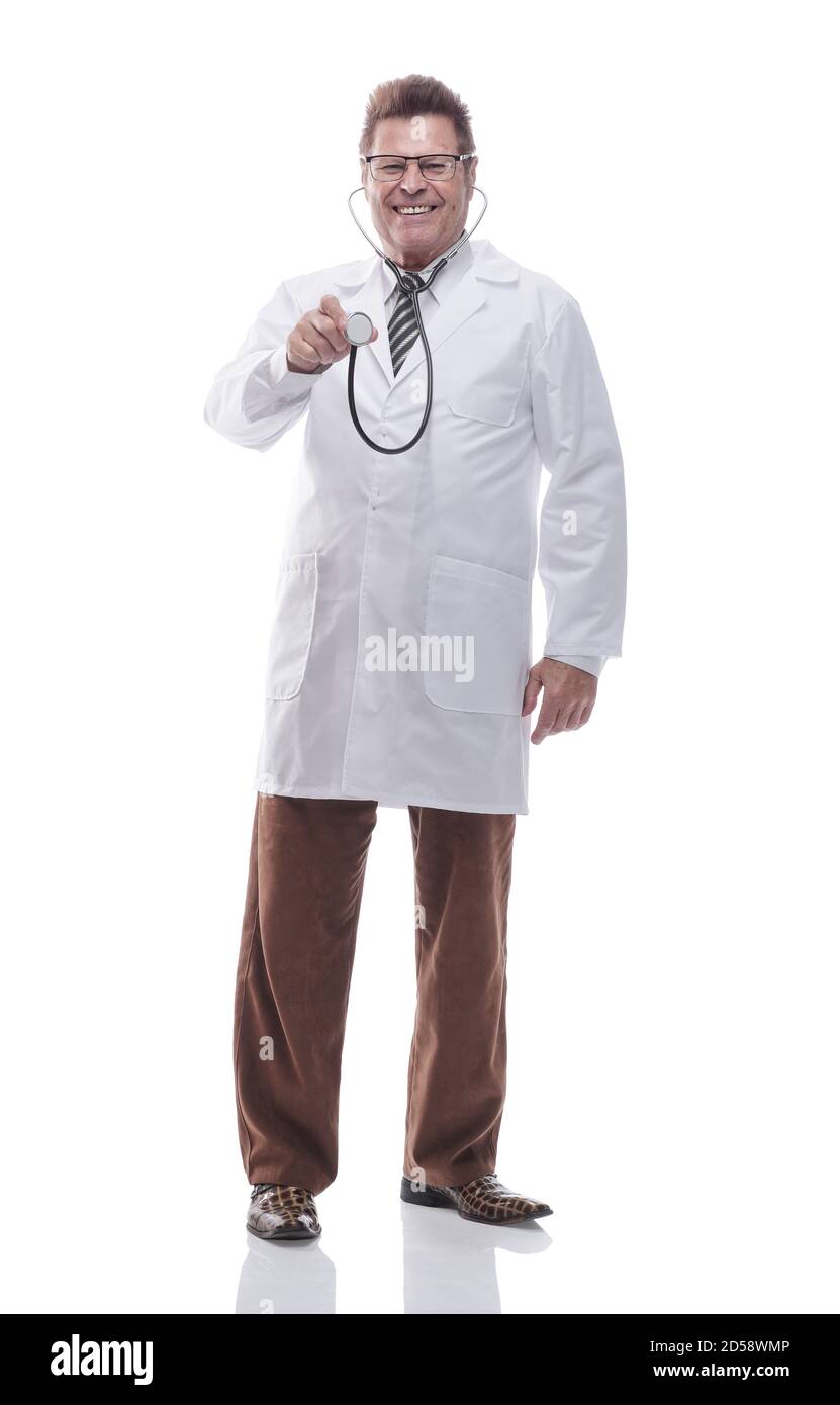 full- length . smiling doctor with a stethoscope looking at the camera ...