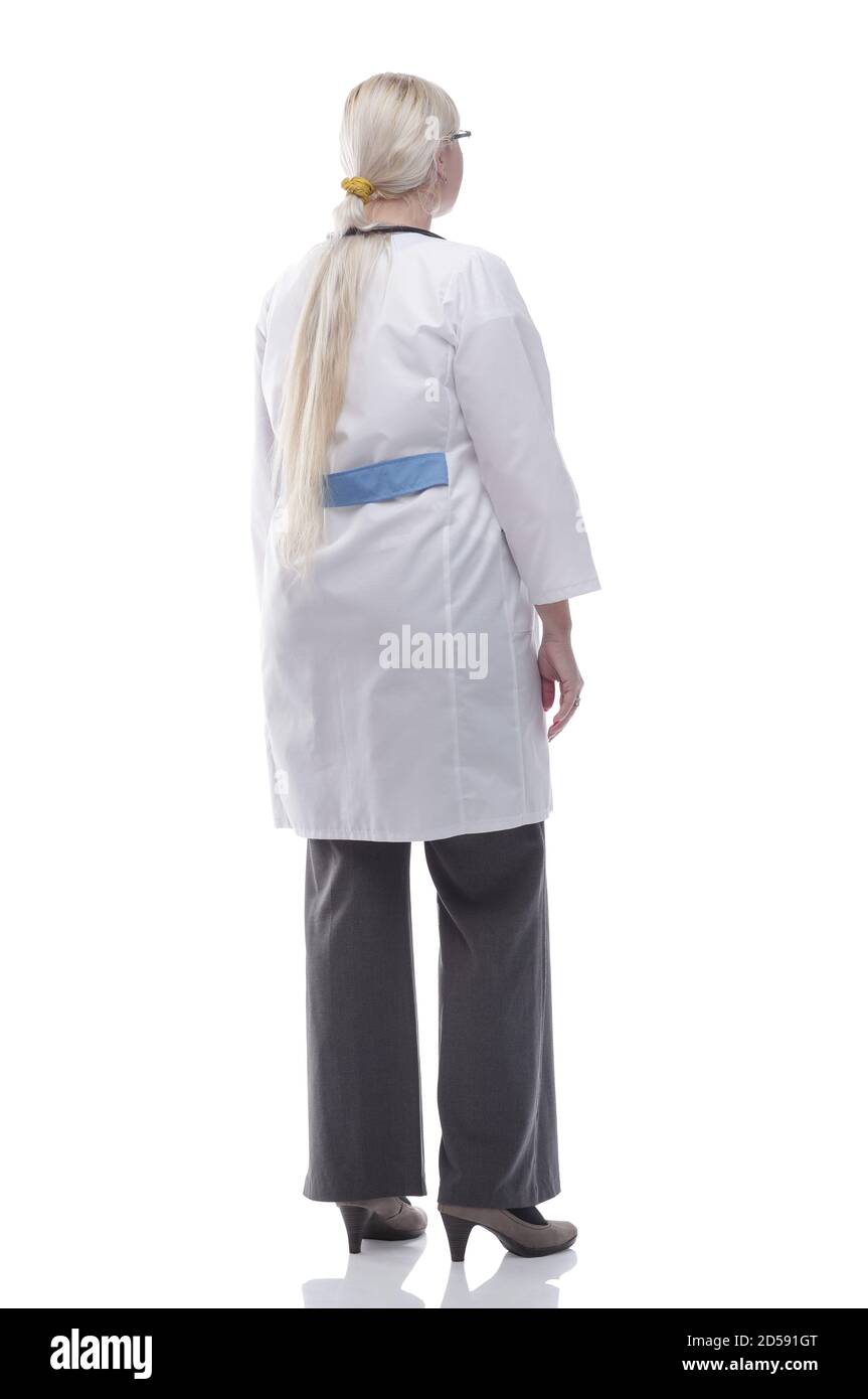 side view . female doctor looking at a white blank screen Stock Photo ...