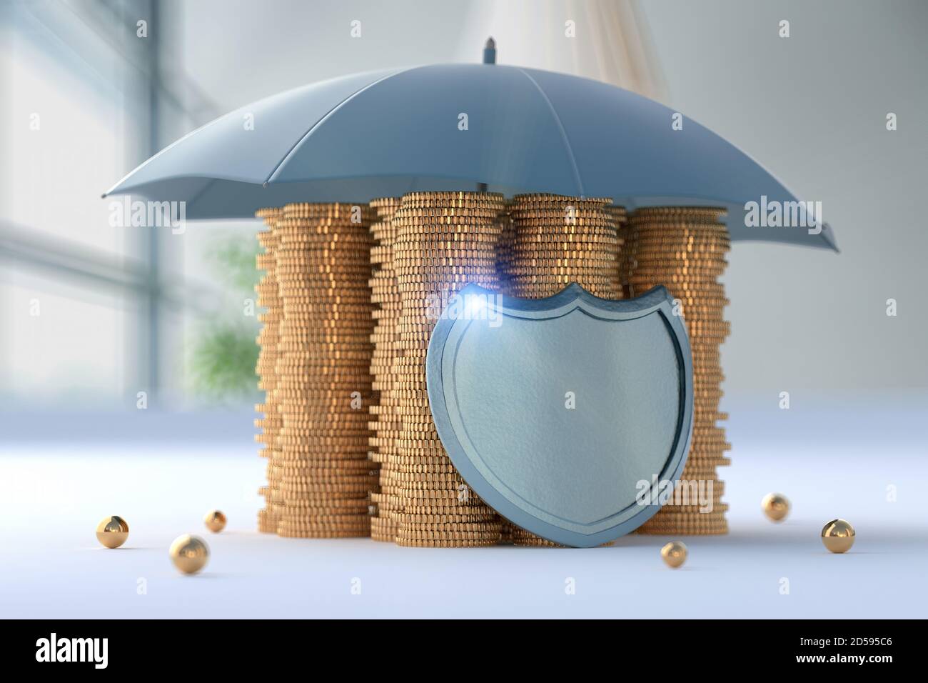 Gold coins protected by an umbrella and a shield. Concept for insurance ...