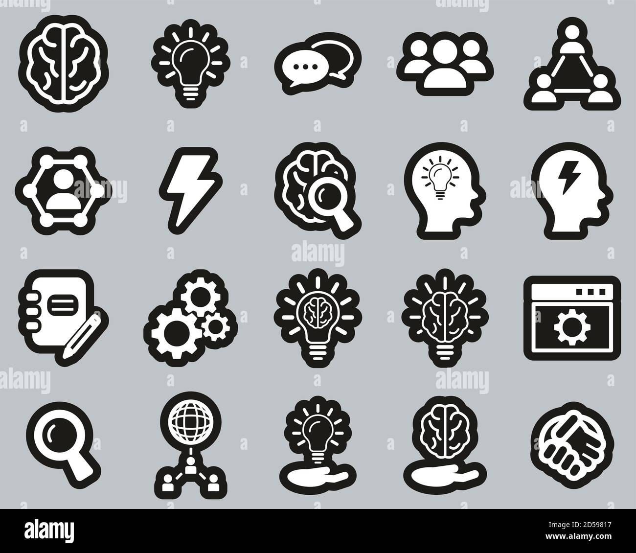 Brainstorming Or Idea Icons White On Black Sticker Set Big Stock Vector ...