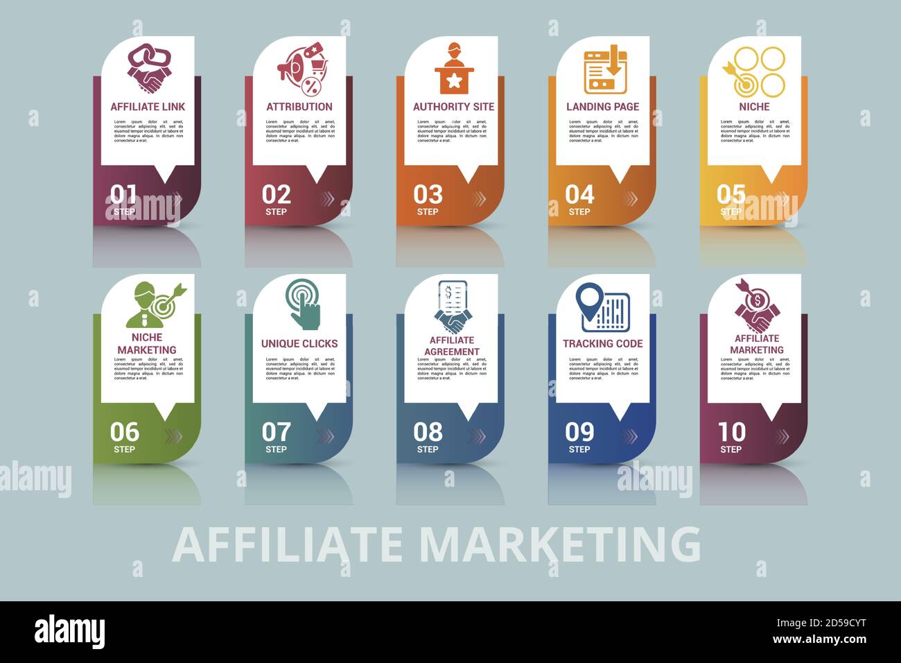 Infographic Affiliate Marketing template. Icons in different colors ...