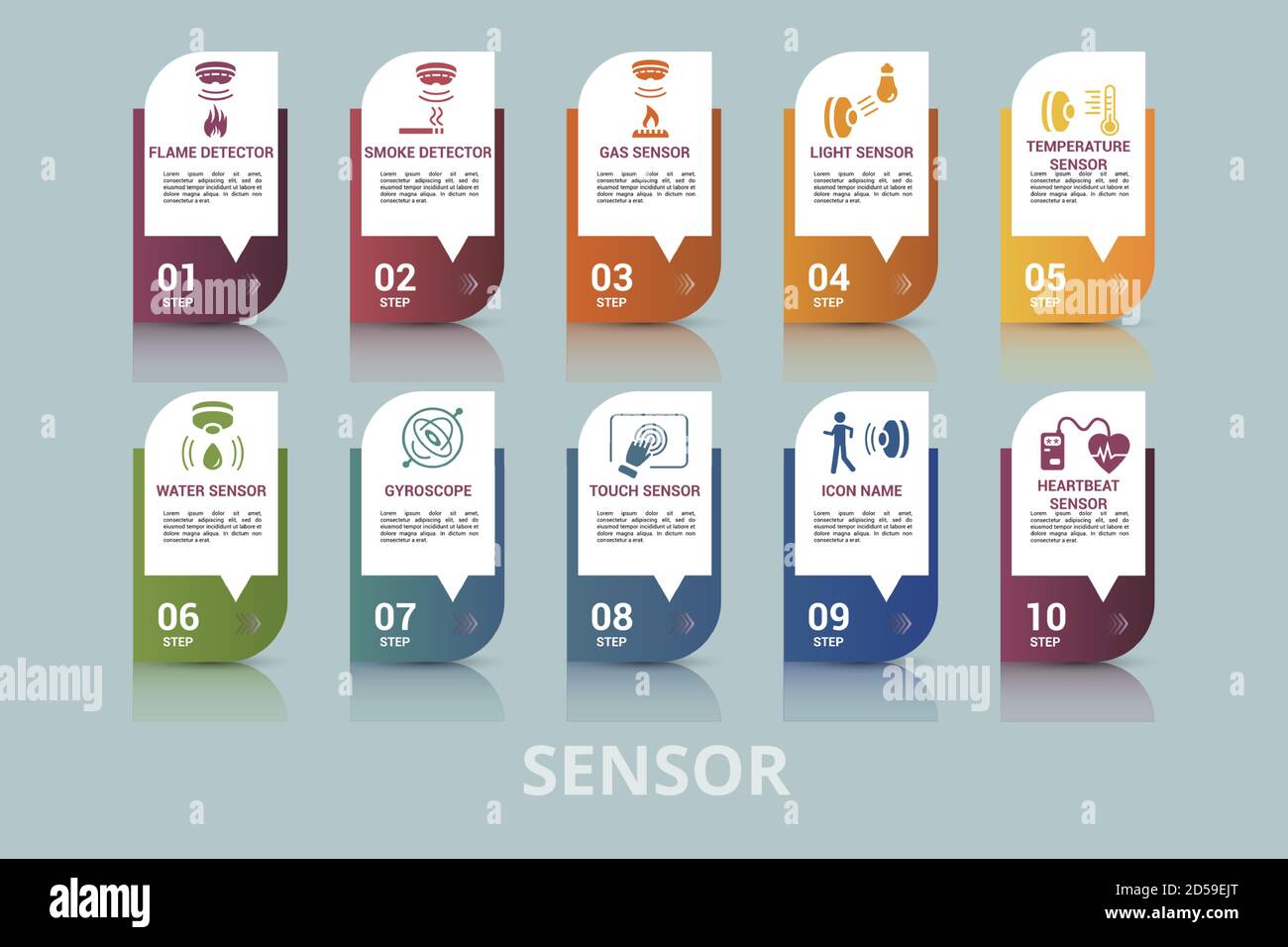 Infographic Sensor template. Icons in different colors. Include Water ...