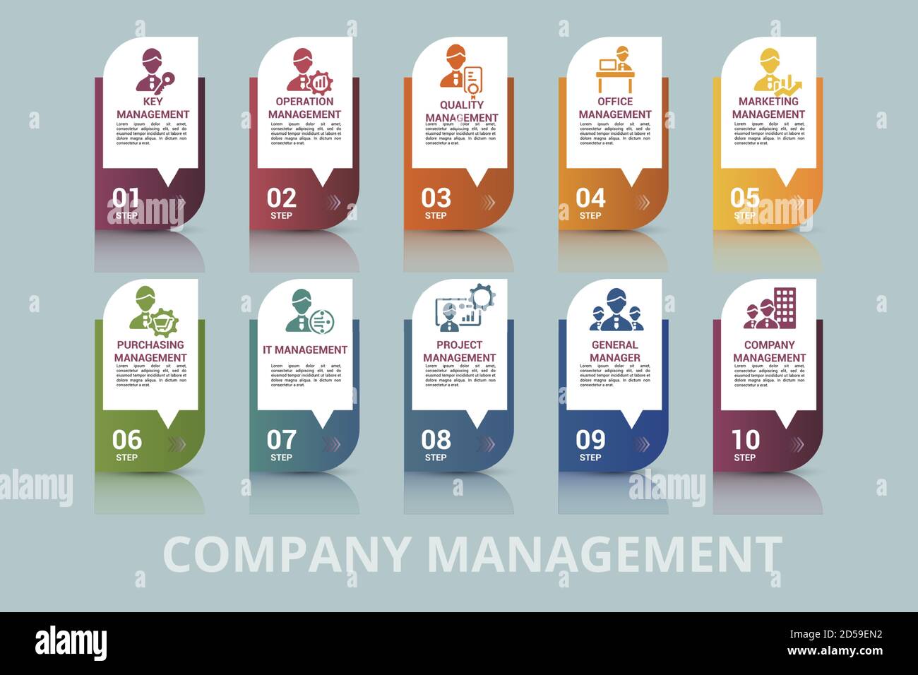 Infographic Company Management template. Icons in different colors ...