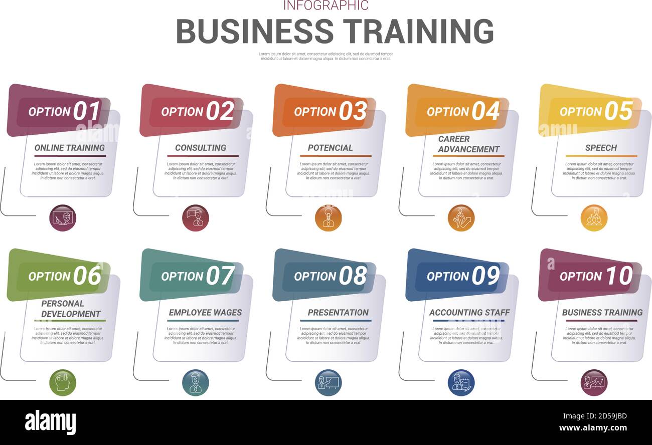 Infographic Business Training template. Icons in different colors ...