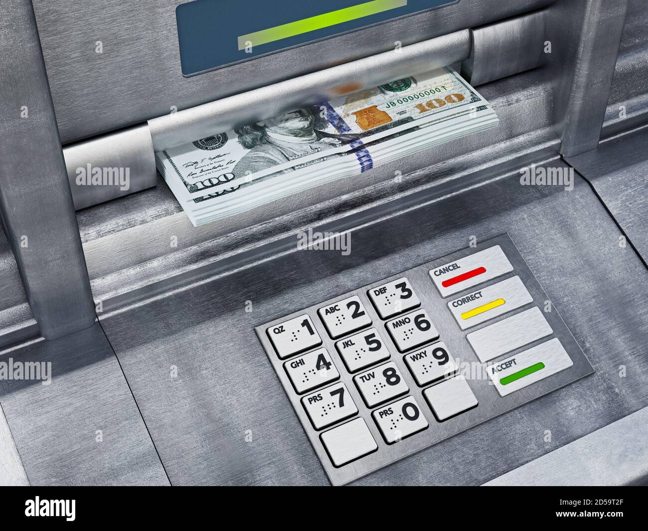 Automatic teller machine (ATM) with dollar bankroll. 3D illustration ...