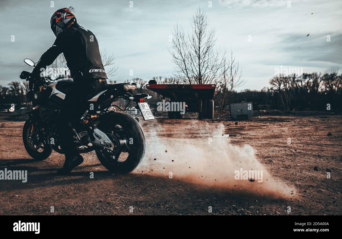 BELGR, SERBIA - Mar 04, 2019: Motocyclist on bike, burning wheel in ...