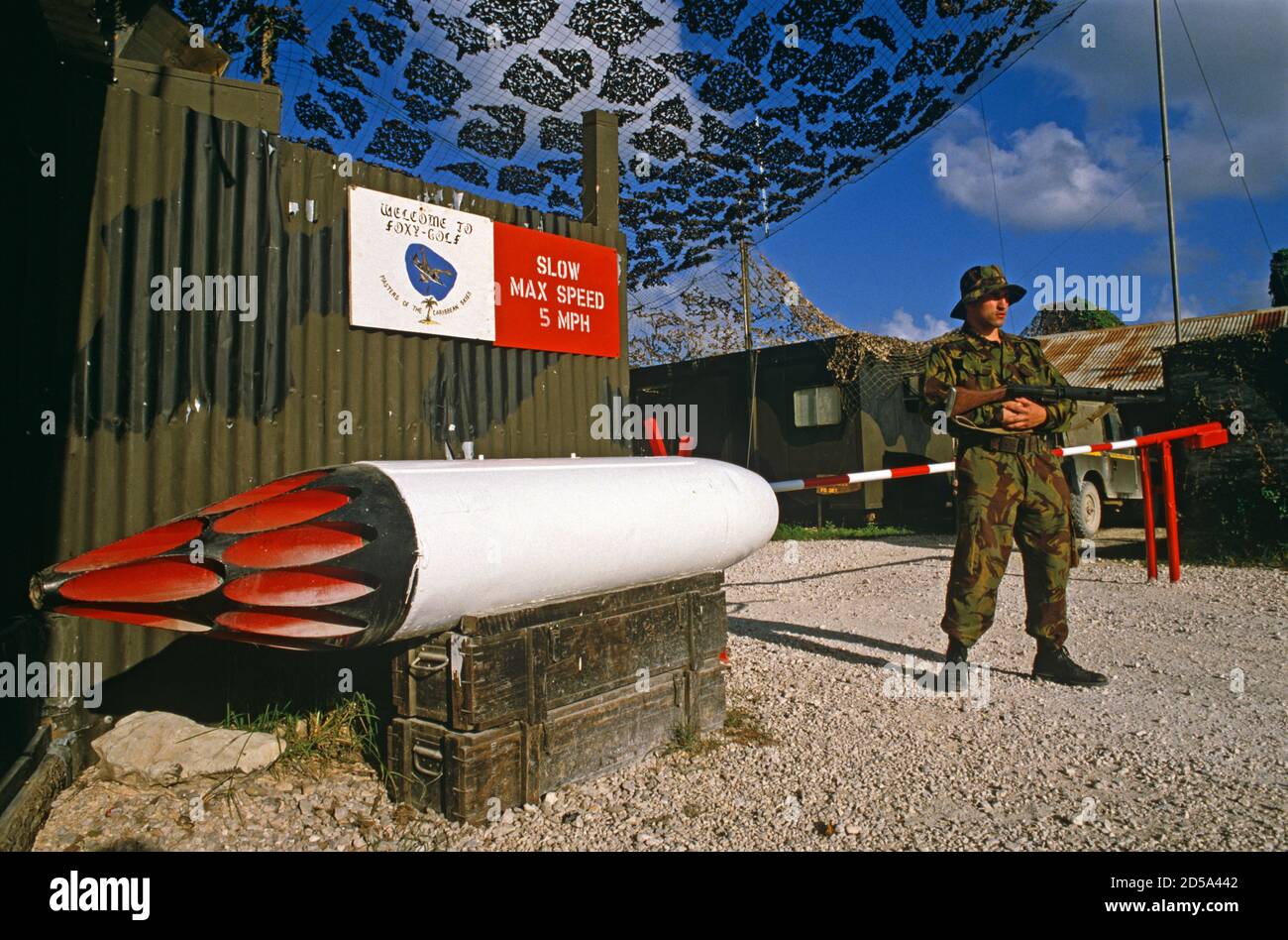 British Army soldier on guard duty outside British Army base, Belize ...