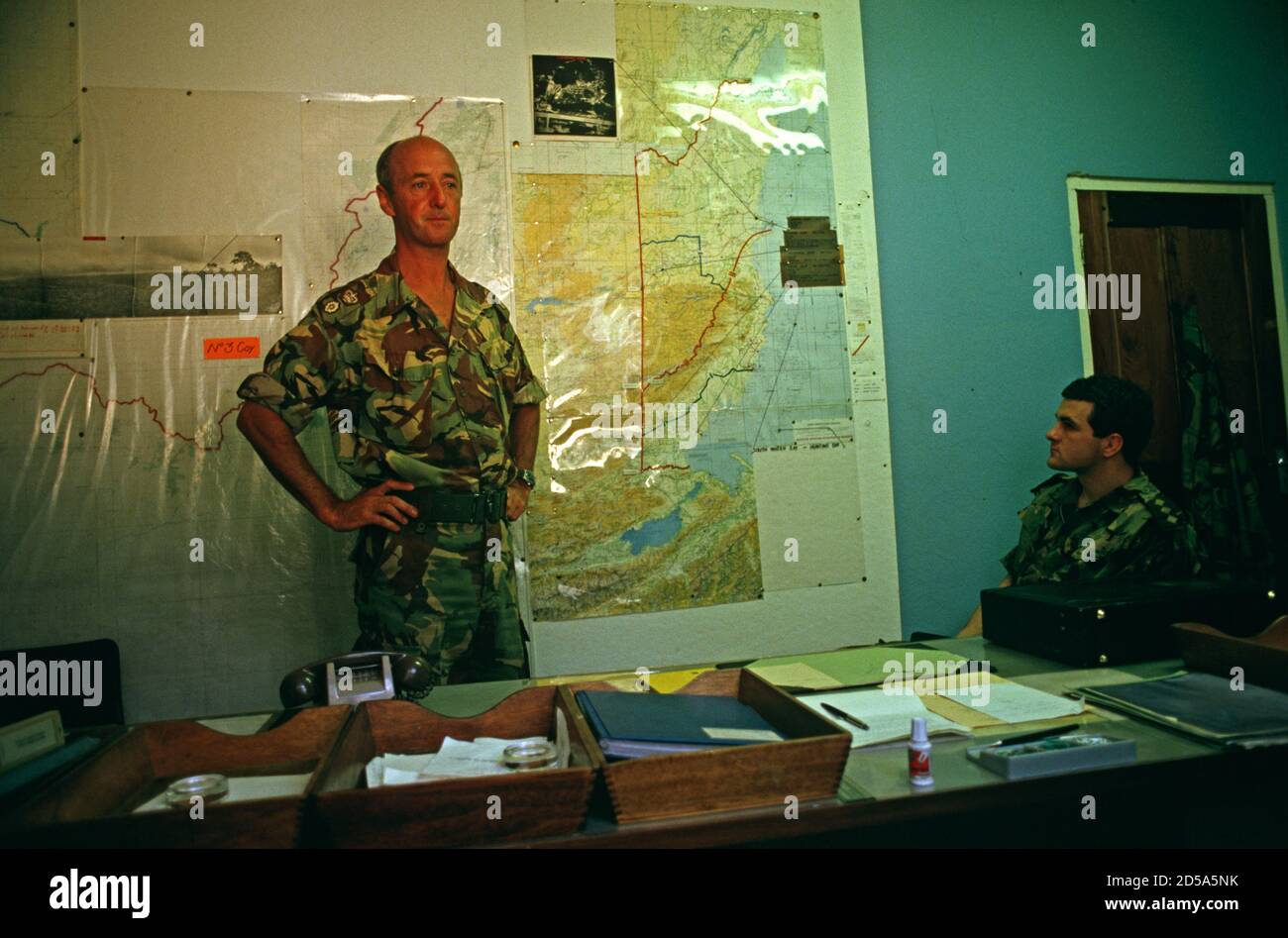 British Army officers in front of briefing map, British Army camp ...
