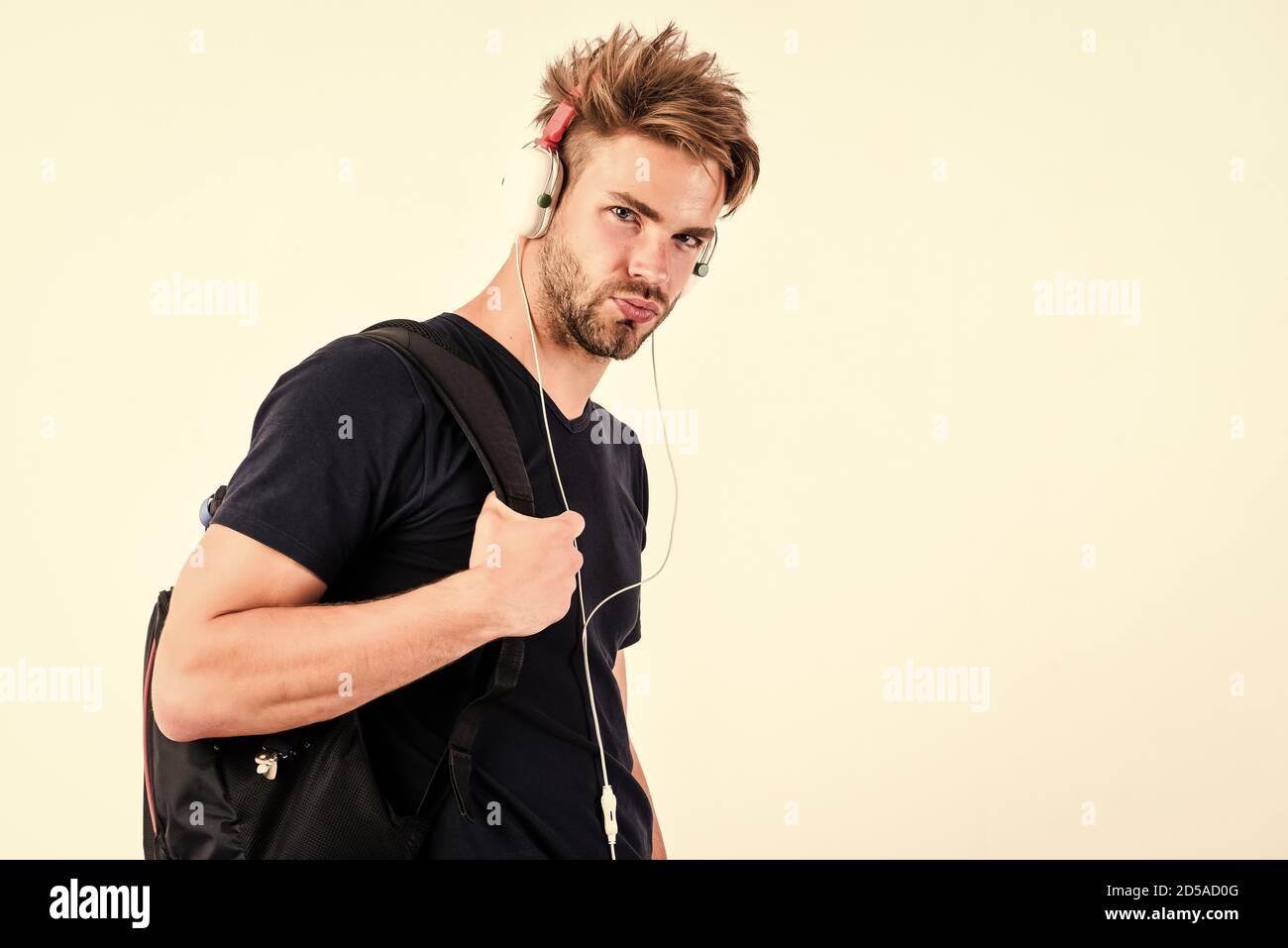 Student handsome guy listening music. Rhythmic melody concept. Download ...