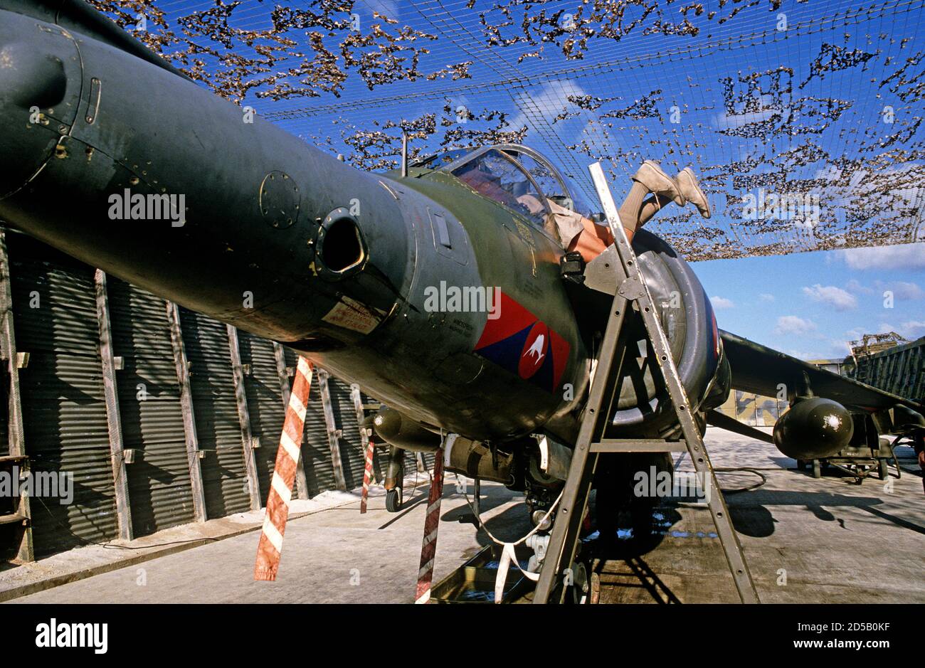 Royal Air Force engineer inspecting cockpit of Harrier Jump Jet in ...