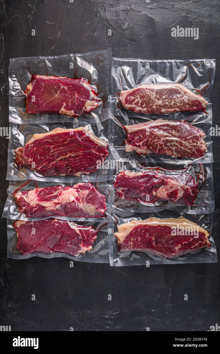 Vacuum packed organic raw beef alternative cuts: top blade, rump ...