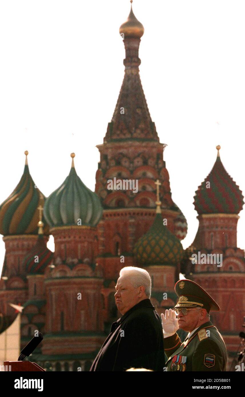 Russian President Boris Yeltsin (L) and Defence Minister Igor Sergeyev ...