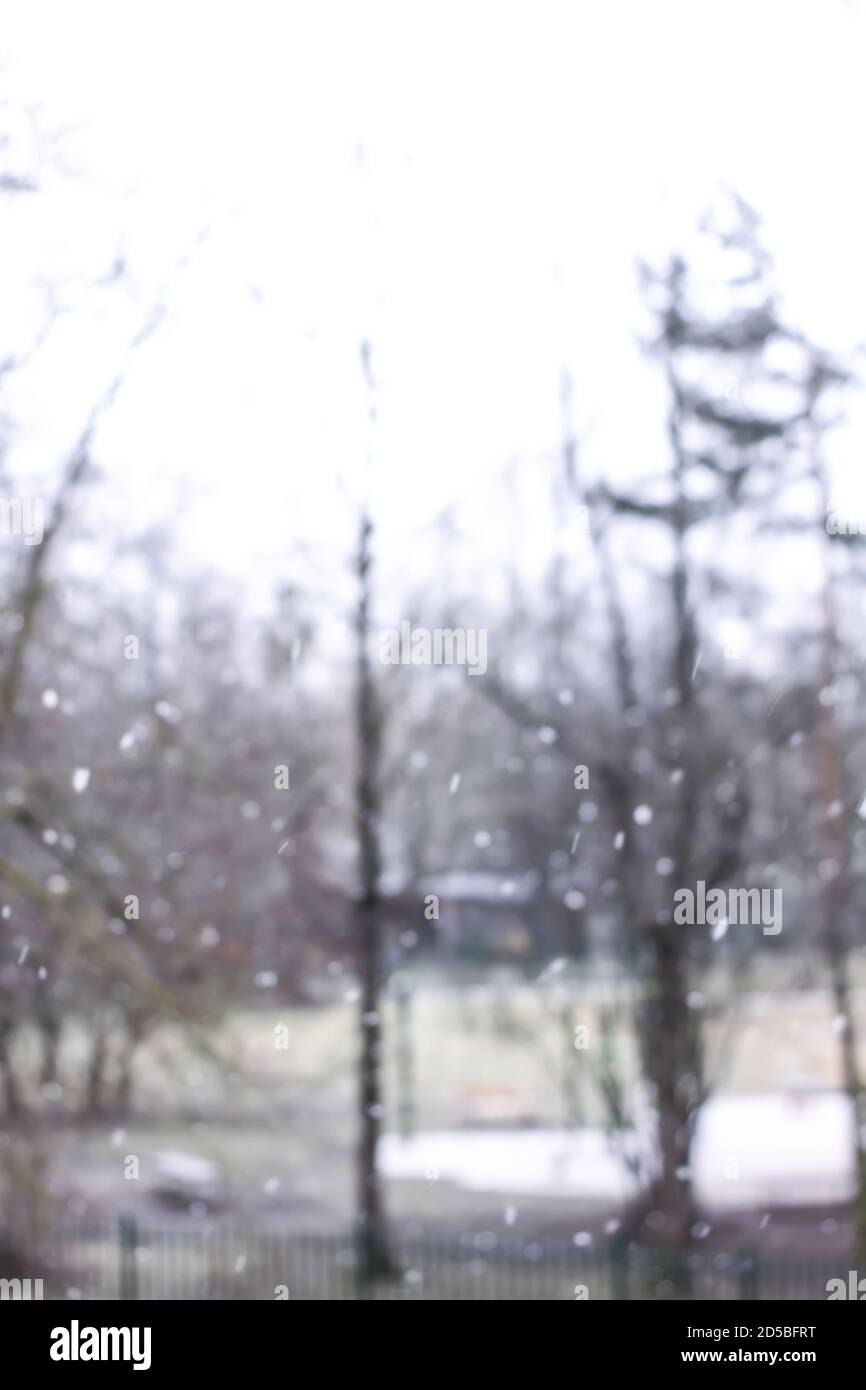Misted window glass in winter day. Blurred nature background Stock ...