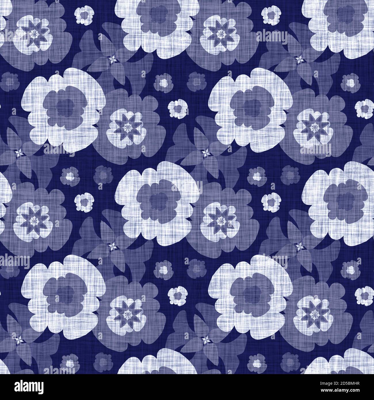 Indigo blue flower block print dyed linen texture background. Seamless ...