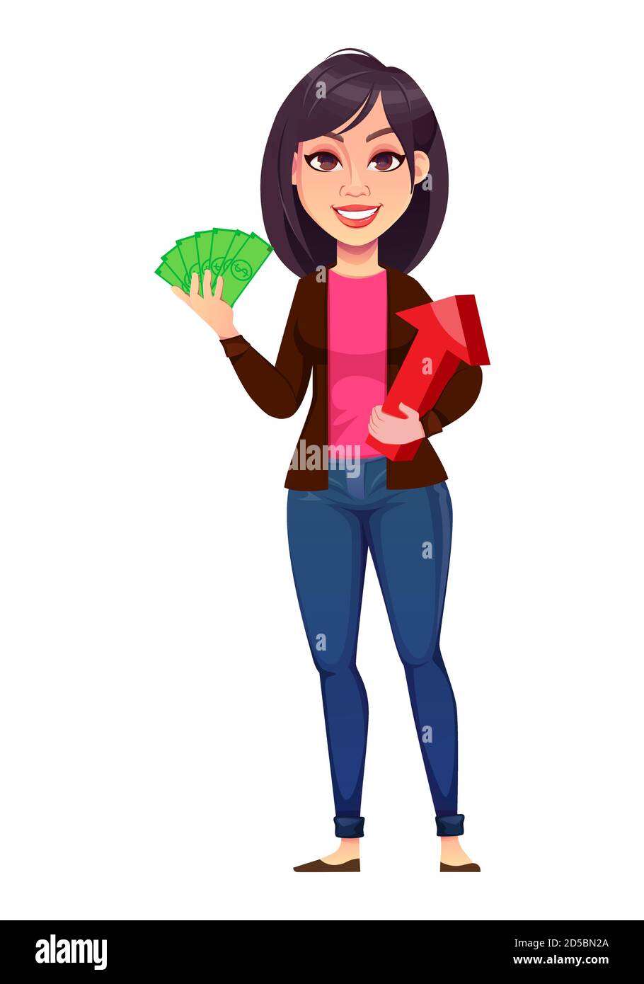 Business woman holding money and red arrow. Beautiful businesswoman ...