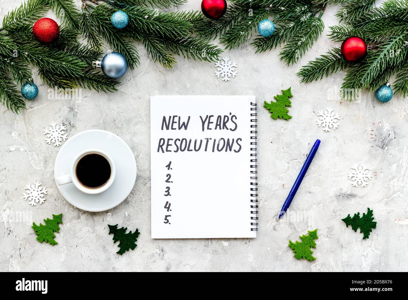 New Year Resolutions. Flat lay with Christmas decorations. Overhead ...