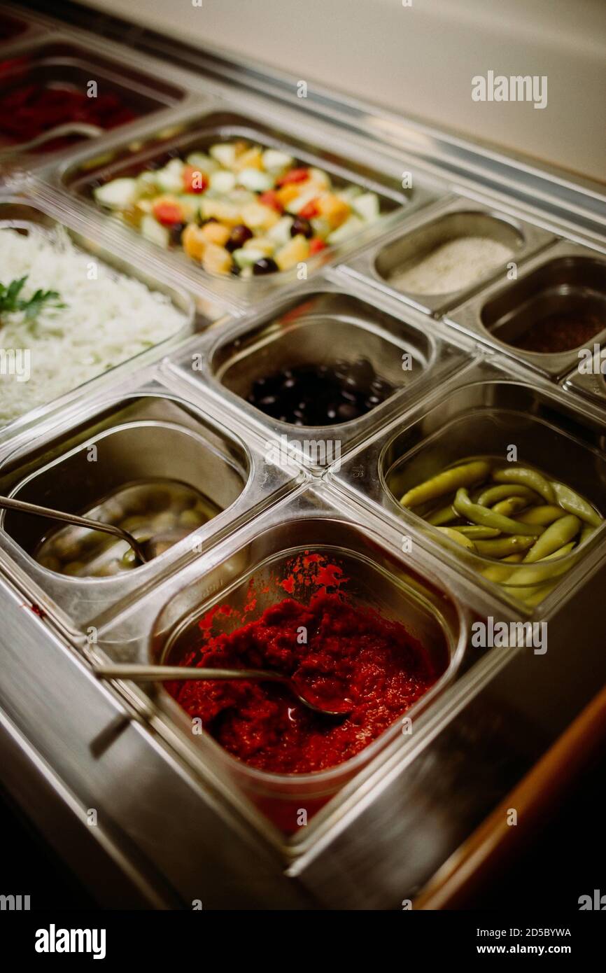 Vertical high angle shot of various foods at a buffet Stock Photo - Alamy